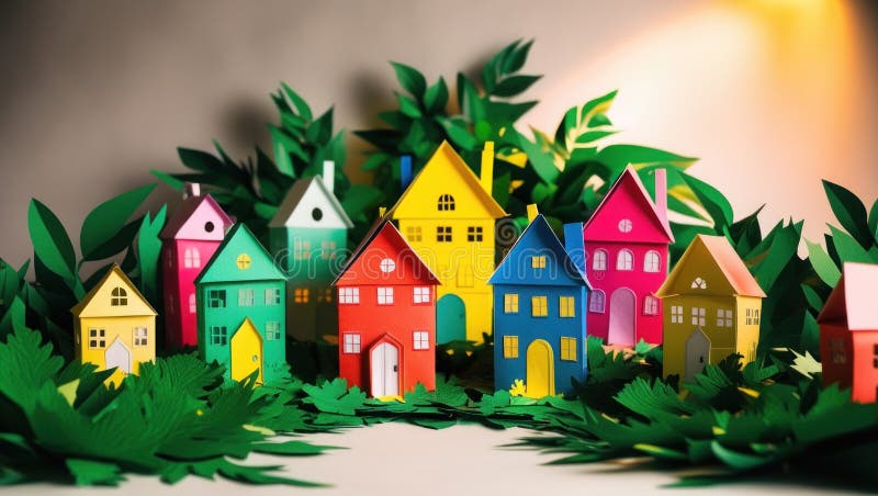 Bright Cardboard Houses among Green Leaves. Stock Photo - Image of ...