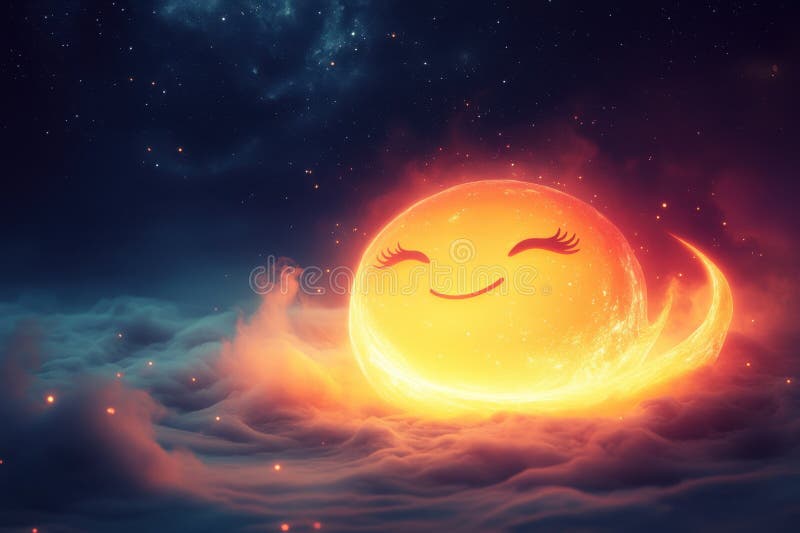Bright Celestial Sun with a Smiling Face Setting in a Dreamy Sky at ...