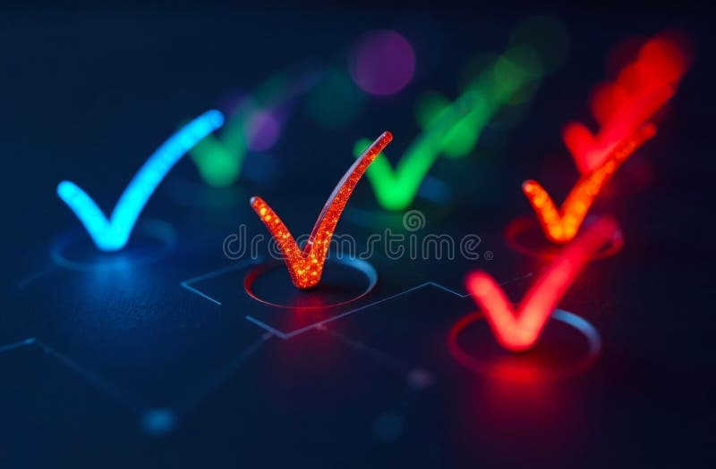 Bright Check Marks Glow on a Dark Background, Signaling Completion and ...