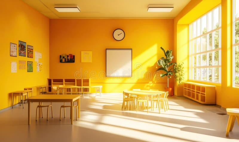 Bright and Cheerful Classroom Interior with Yellow Walls and Natural ...