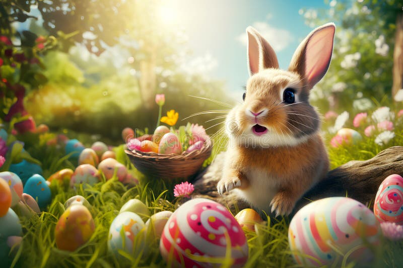 Bright and Cheerful Digital Illustration of a Cute Rabbit and Easter ...