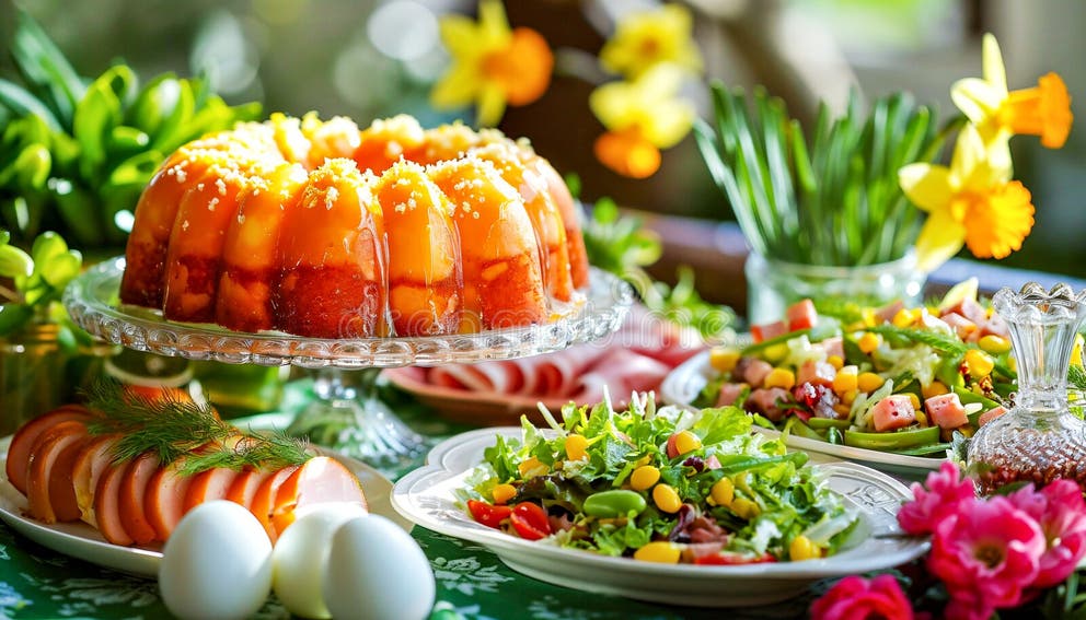 Bright and Cheerful Easter Buffet with Savory Cake and Sliced Meats ...