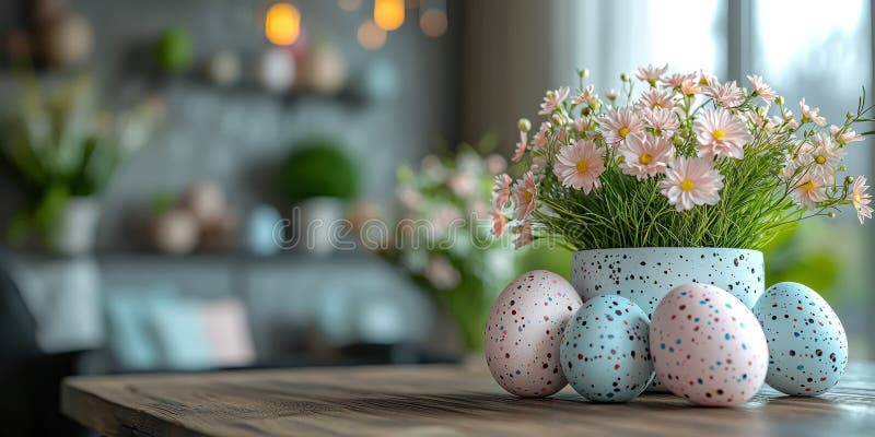 Bright and Cheerful Easter Kitchen with an Empty Wooden Table, Pastel ...