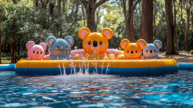 Bright and Cheerful Koala Family Float at the Poolside Stock ...