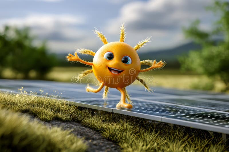 A Bright and Cheerful Pixar Sun Character Standing on a Solar Panel for ...
