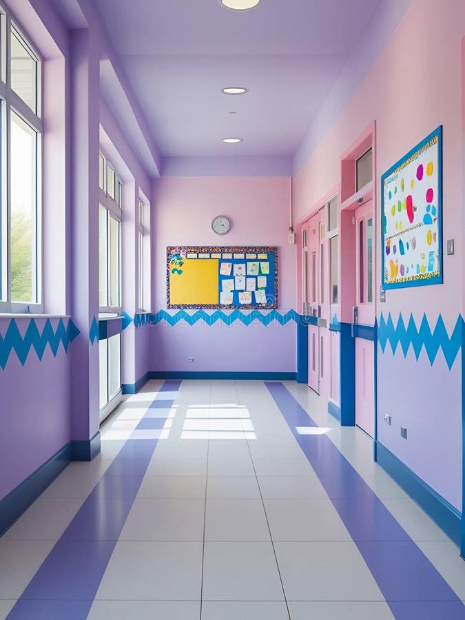 A Bright and Cheerful School Hallway with Pink Doors Stock Illustration ...