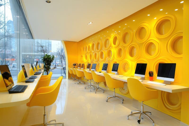 Bright and Cheerful Workspace with Yellow Chairs, Computers, and a ...