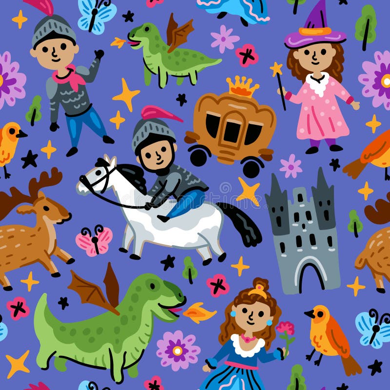 Bright Children Seamless Vector Pattern with Fairy Tale Characters ...