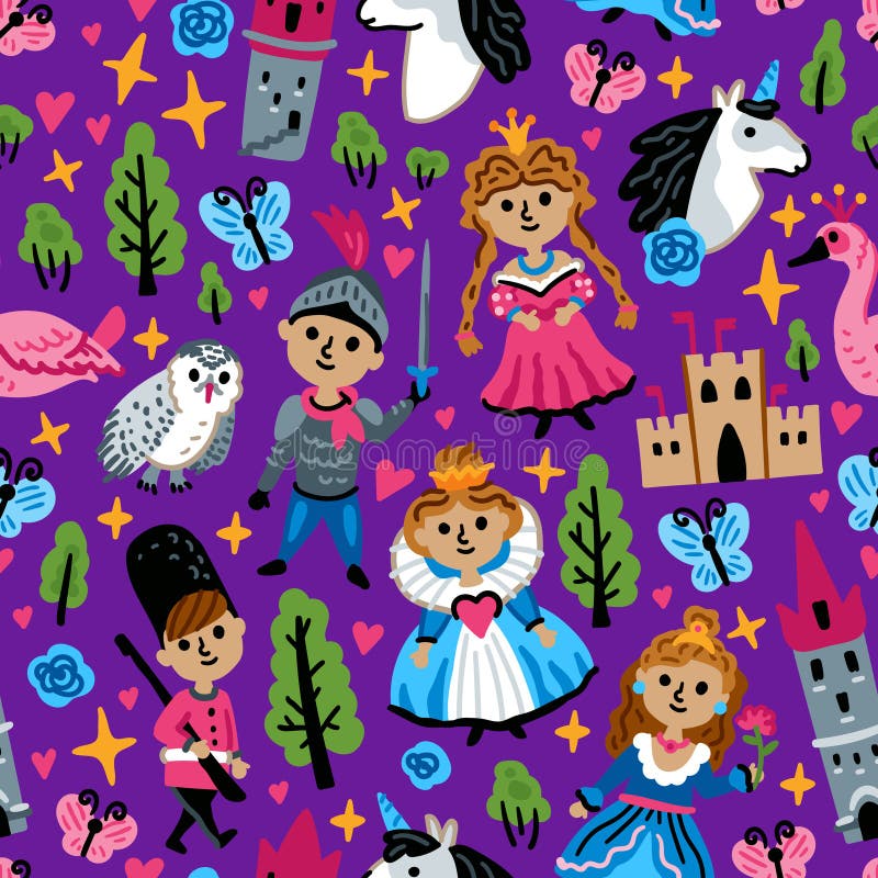 Bright Children Seamless Vector Pattern with Fairy Tale Characters ...