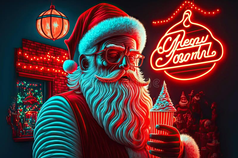Bright Christmas 3D Render Neon Sign with Santa Claus Stock ...