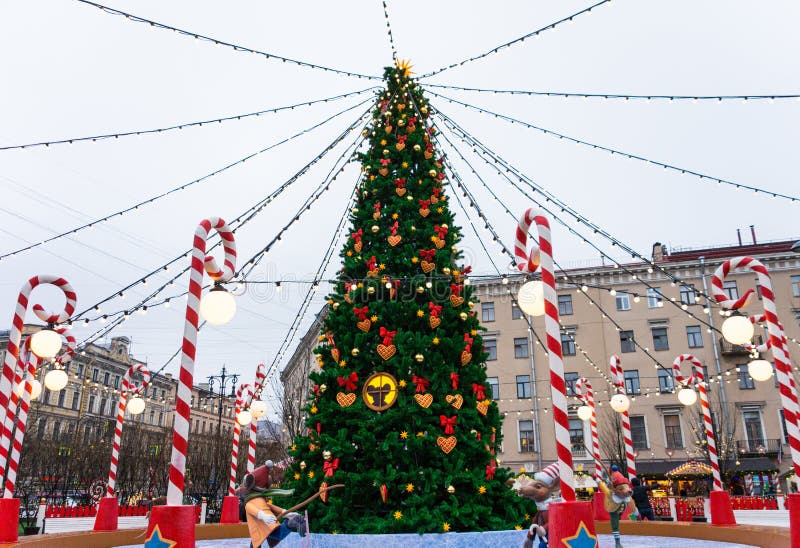 Bright Christmas Tree in the City Square Stock Image - Image of square ...