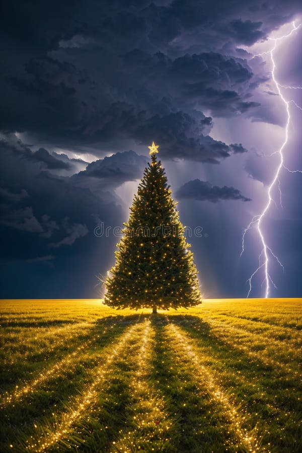 Bright Christmas Tree in a Large Field with Dark Clouds and Lightning ...