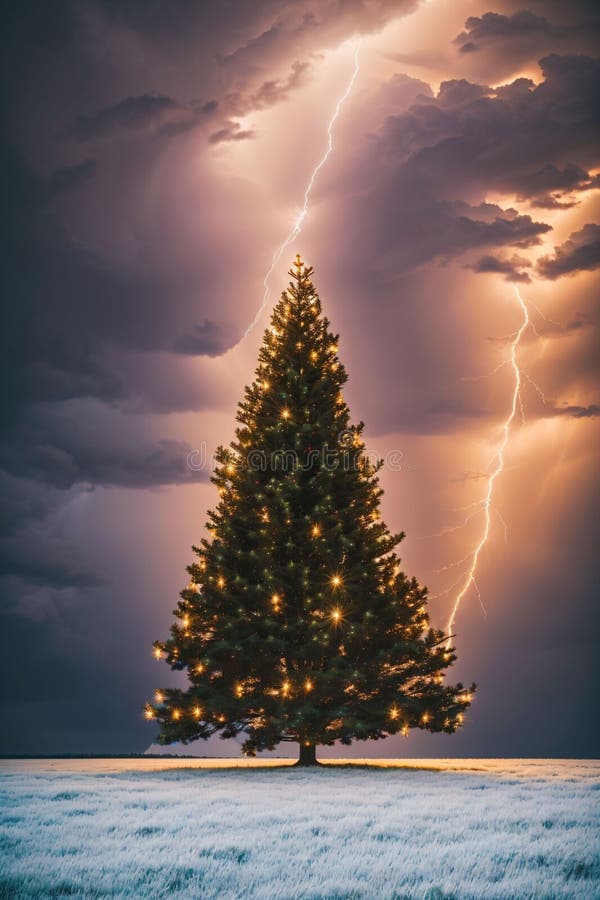 Bright Christmas Tree in a Large Field with Dark Clouds and Lightning ...