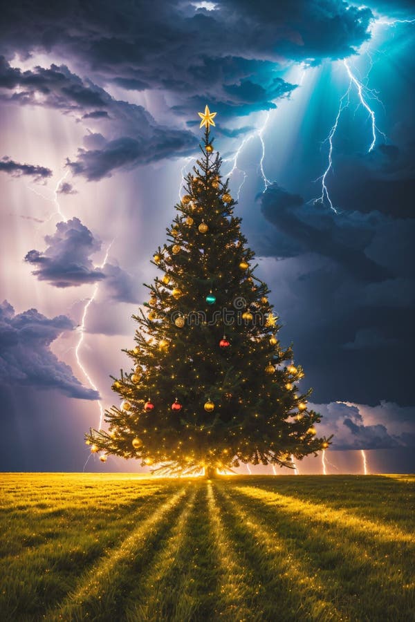 Bright Christmas Tree in a Large Field with Dark Clouds and Lightning ...