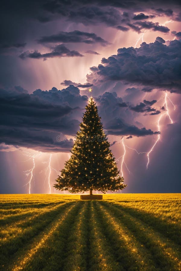 Bright Christmas Tree in a Large Field with Dark Clouds and Lightning ...