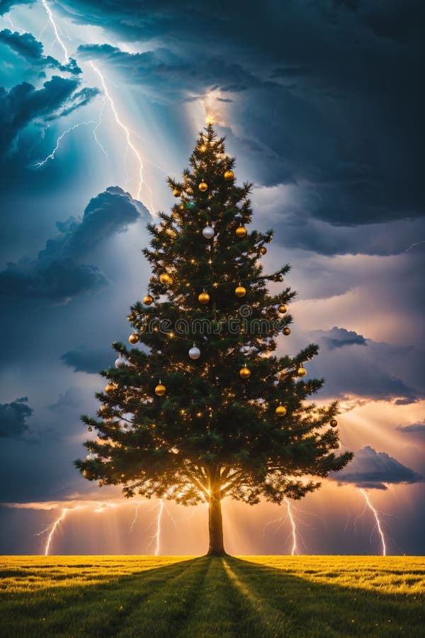 Bright Christmas Tree in a Large Field with Dark Clouds and Lightning ...