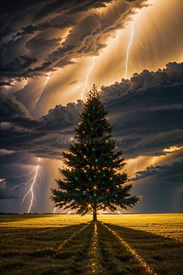 Bright Christmas Tree in a Large Field with Dark Clouds and Lightning ...