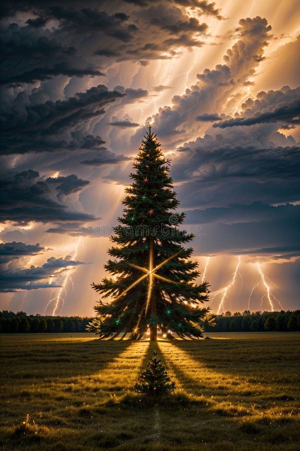 Bright Christmas Tree in a Large Field with Dark Clouds and Lightning ...