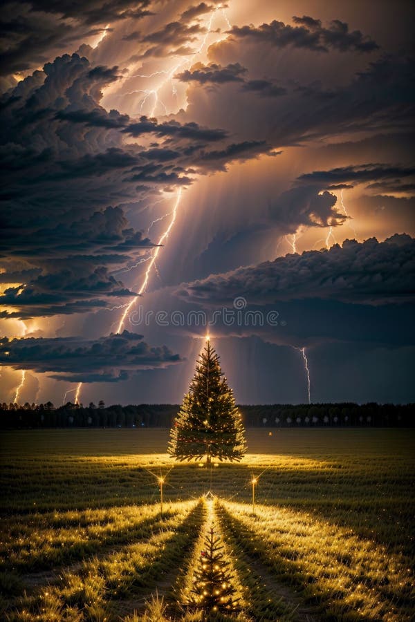 Bright Christmas Tree in a Large Field with Dark Clouds and Lightning ...