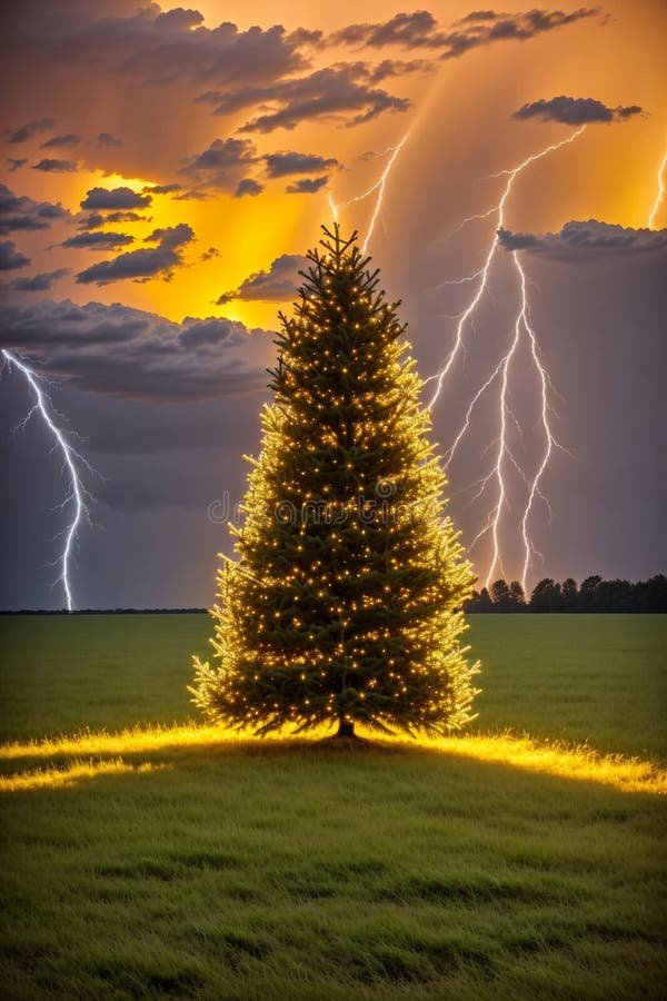 Bright Christmas Tree in a Large Field with Dark Clouds and Lightning ...