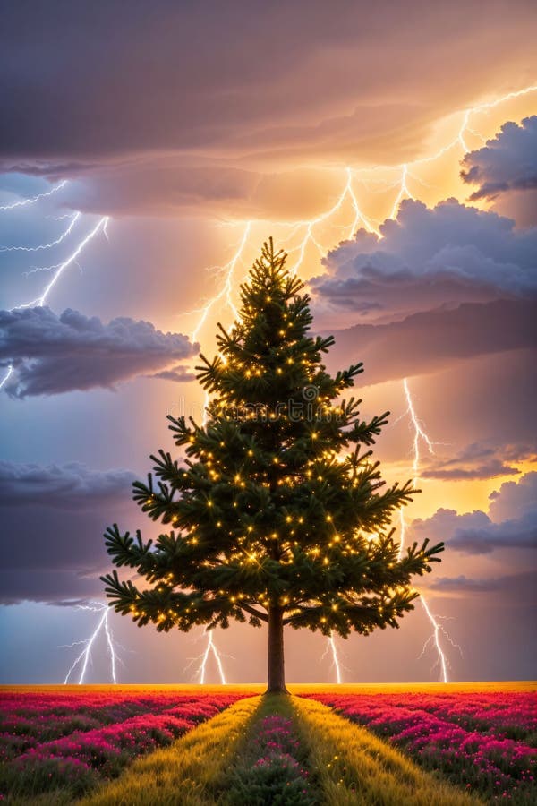 Bright Christmas Tree in a Large Field with Dark Clouds and Lightning ...