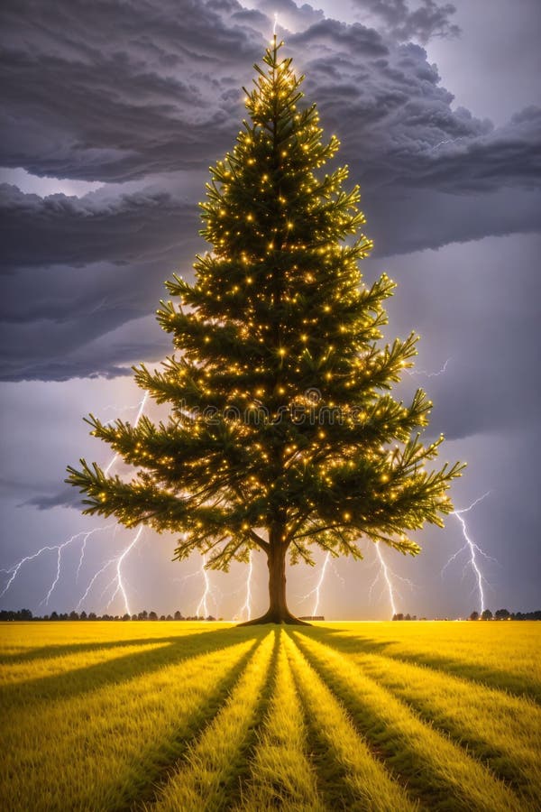 Bright Christmas Tree in a Large Field with Dark Clouds and Lightning ...