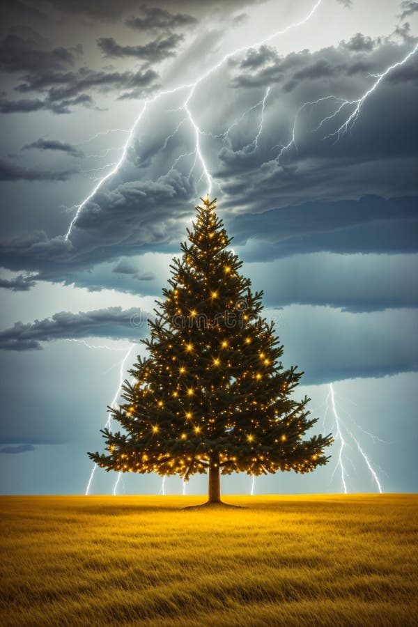 Bright Christmas Tree in a Large Field with Dark Clouds and Lightning ...
