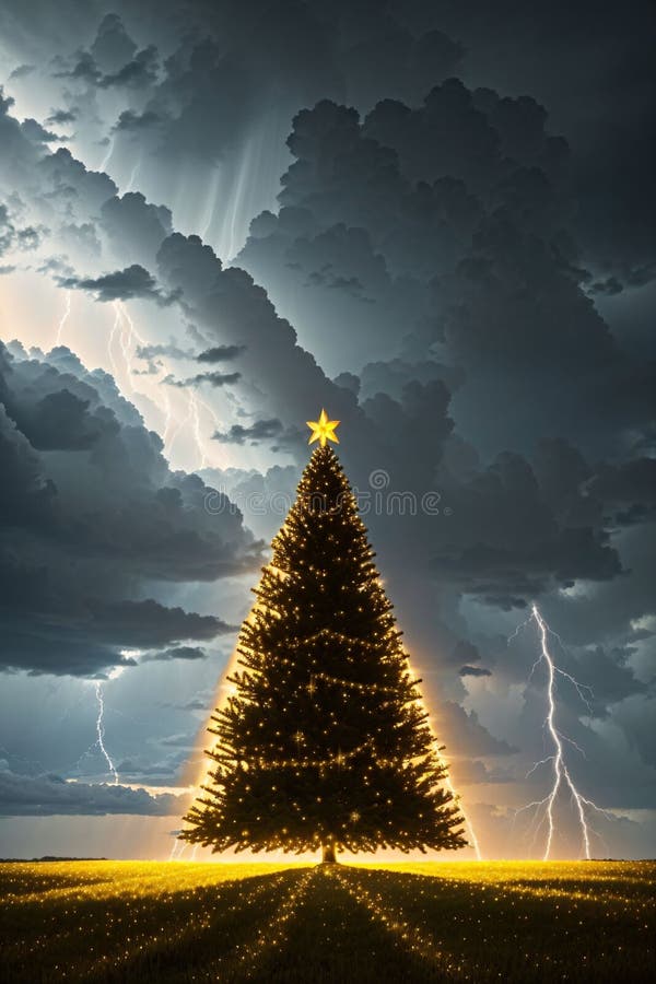 Bright Christmas Tree in a Large Field with Dark Clouds and Lightning ...