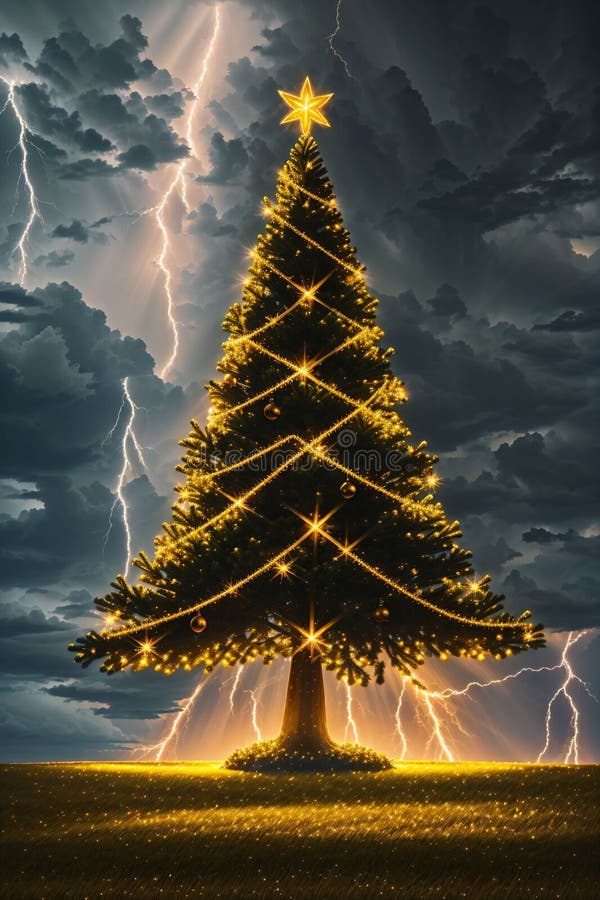 Bright Christmas Tree in a Large Field with Dark Clouds and Lightning ...