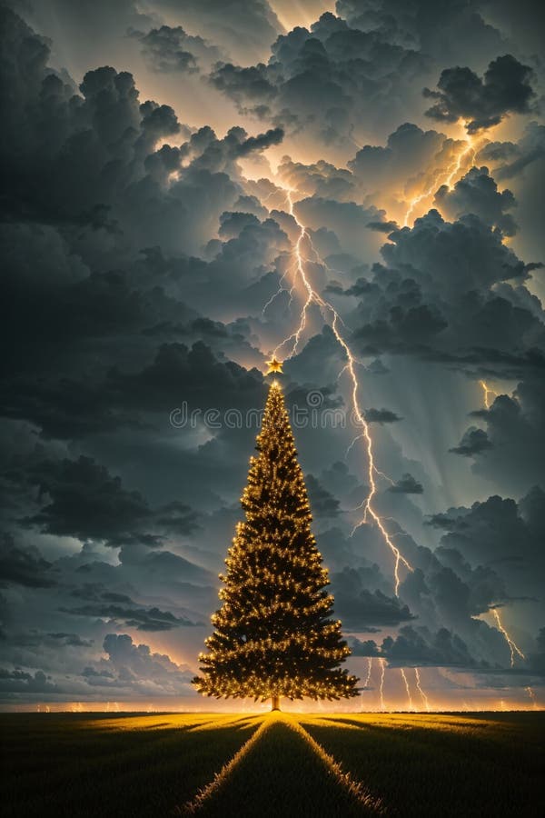 Bright Christmas Tree in a Large Field with Dark Clouds and Lightning ...