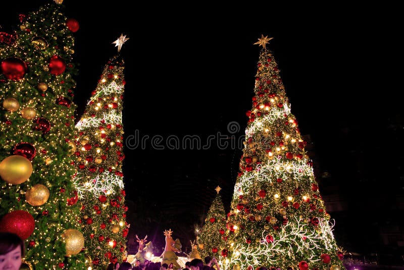 Bright Christmas Tree at Night Stock Photo - Image of bell, decoration ...