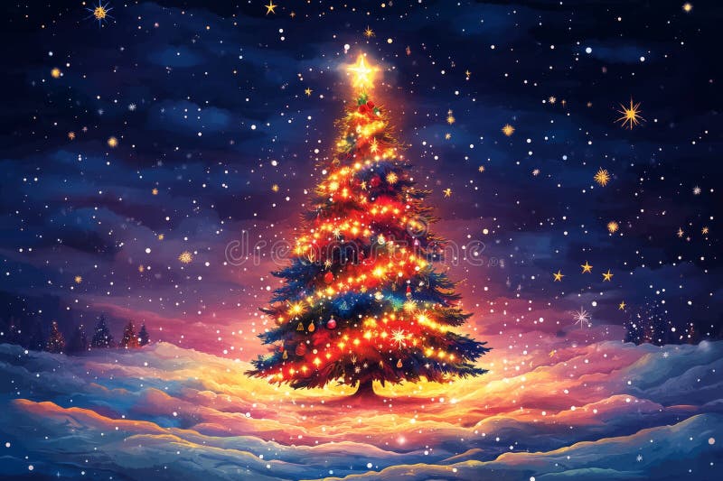 Bright Christmas Tree Shining in the Snowy Night with Falling Snow and ... Bright Christmas Tree Shining in the Snowy Night with Falling Snow and ...