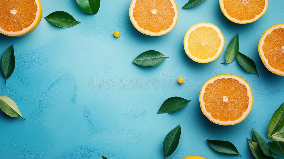 Bright Citrus Fruit Flatlay on Blue Background Stock Illustration ...