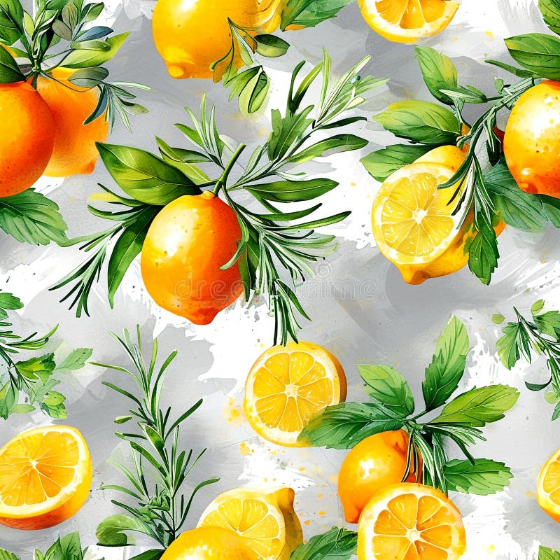 Bright Citrus Patterns Featuring Lemons and Herbs on a Soft Gray ...