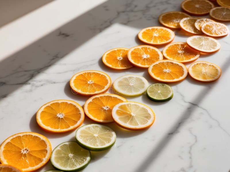 Bright Citrus Slices Arranged Elegantly on a Marble Surface Under Soft ...