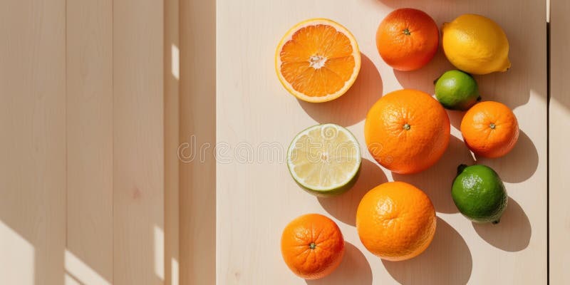 Bright Citrus Varieties Arranged on a Light Wooden Surface. Stock Image ...