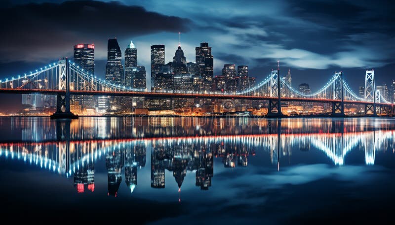 Bright City Lights Reflect on the Water at Dusk Generated by AI Stock ...