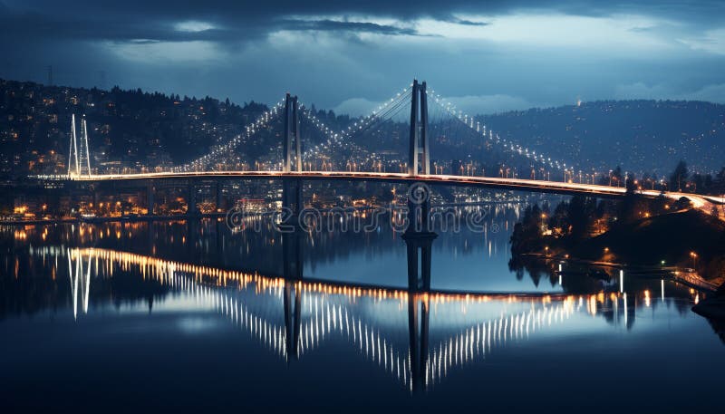 Bright City Lights Reflect on the Water, Illuminating the Famous Bridge ...