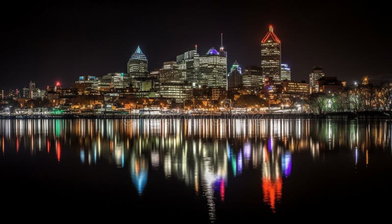 Bright City Lights Reflect on the Water, Illuminating the Urban Skyline ...