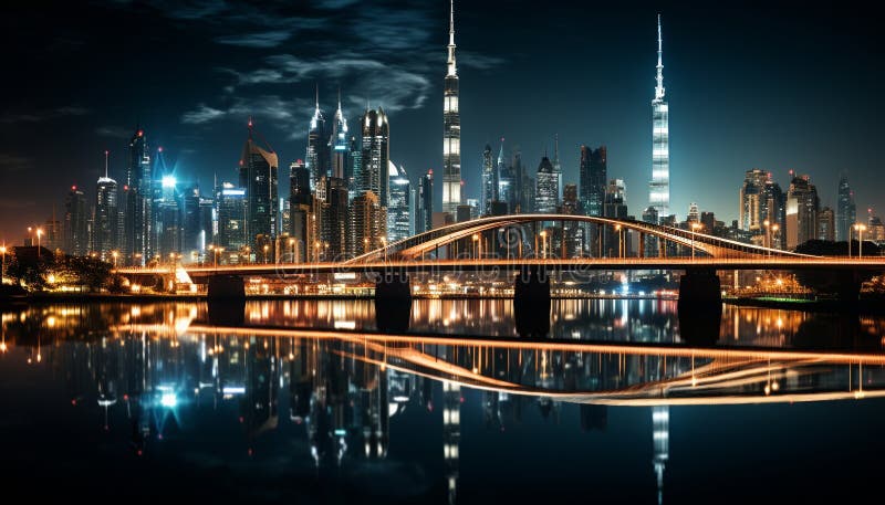 Bright City Lights Reflect on the Waterfront at Dusk Generated by AI ...