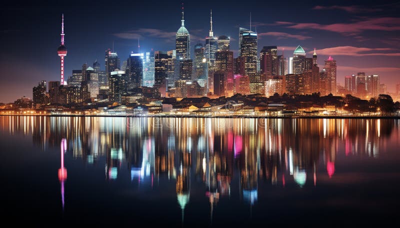 Bright City Lights Reflect on the Waterfront at Dusk Generated by AI ...