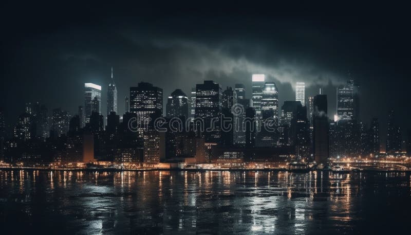Bright City Lights Reflect on Waterfront Skyscrapers Generated by AI ...