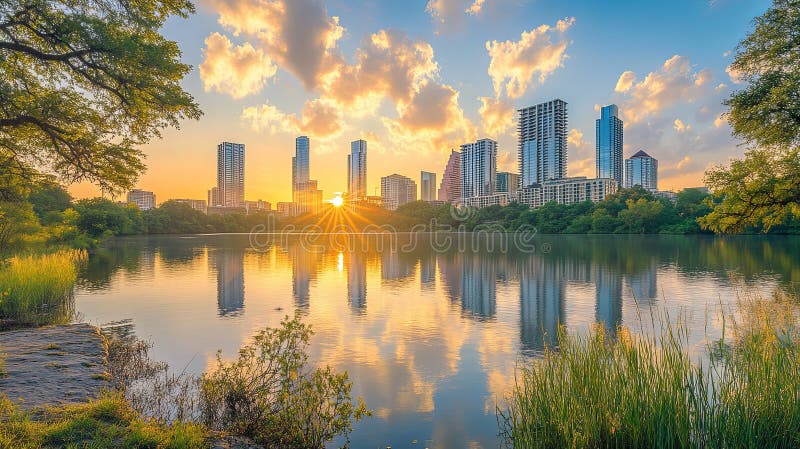 Bright City Skyline Golden Hour Reflections Calm Stock Photos - Free ...