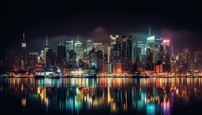 Bright City Skyline Reflects on Waterfront at Dusk Generated by AI ...