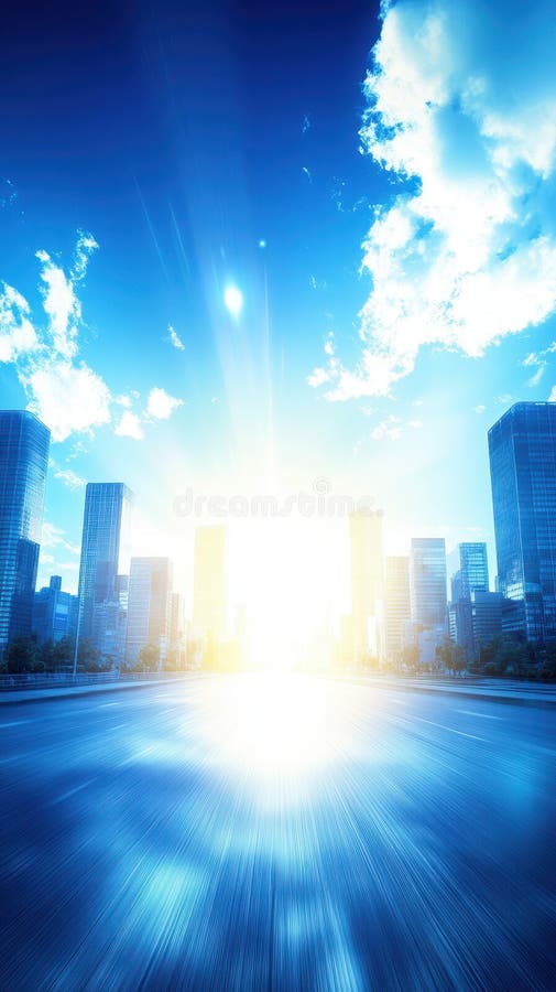 Bright City Skyline with Sun Rays and Blue Sky Stock Illustration ...