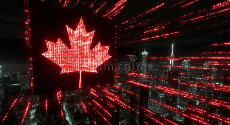 A Bright Cityscape Featuring a Maple Leaf. a Luminous Maple Leaf Emblem ...