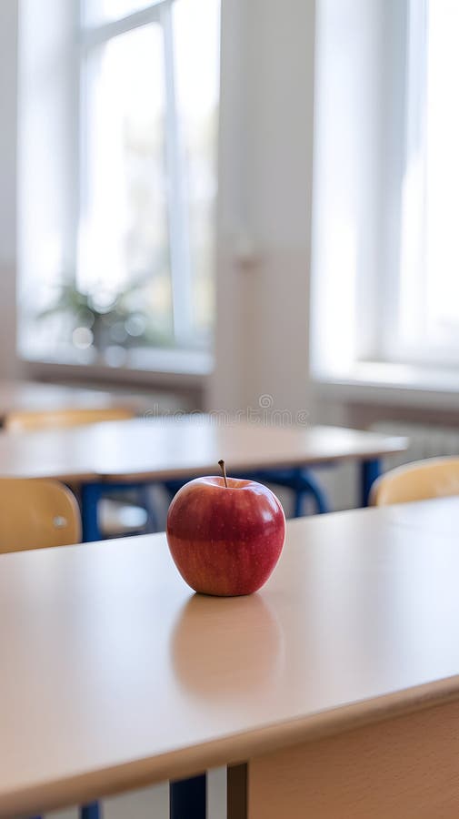 Bright Classroom, Apple on Desk Under Sunlight, Welcoming and ...