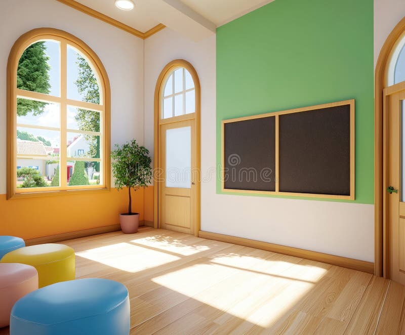 Bright Classroom with Colorful Seating and Large Windows Stock Photo ...
