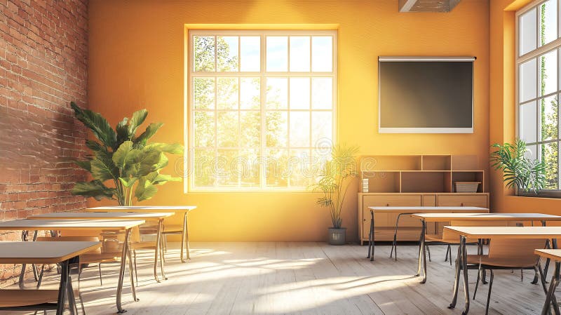 A Bright Classroom with Desks Chairs a Large Window and Plants Creating ...