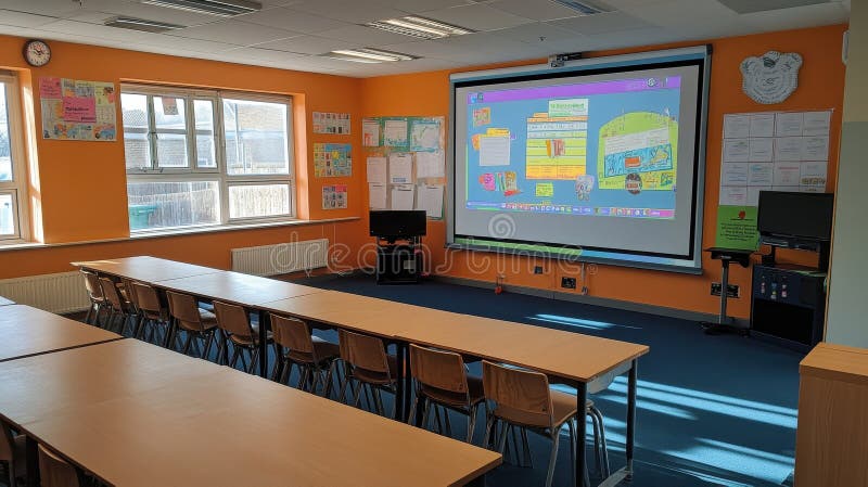 A Bright Classroom with Desks, a Projector Screen, and Educational ...